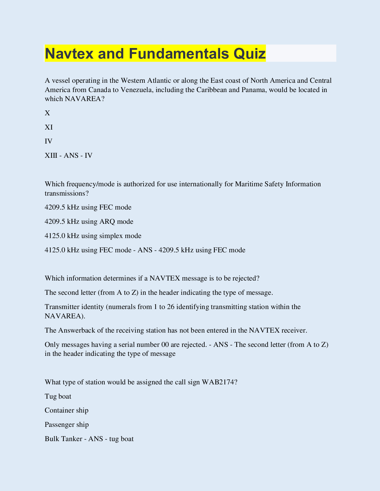 Navtex and Fundamentals Quiz | 80 Questions with 100% Correct Answers | Updated & Verified | 20 ...